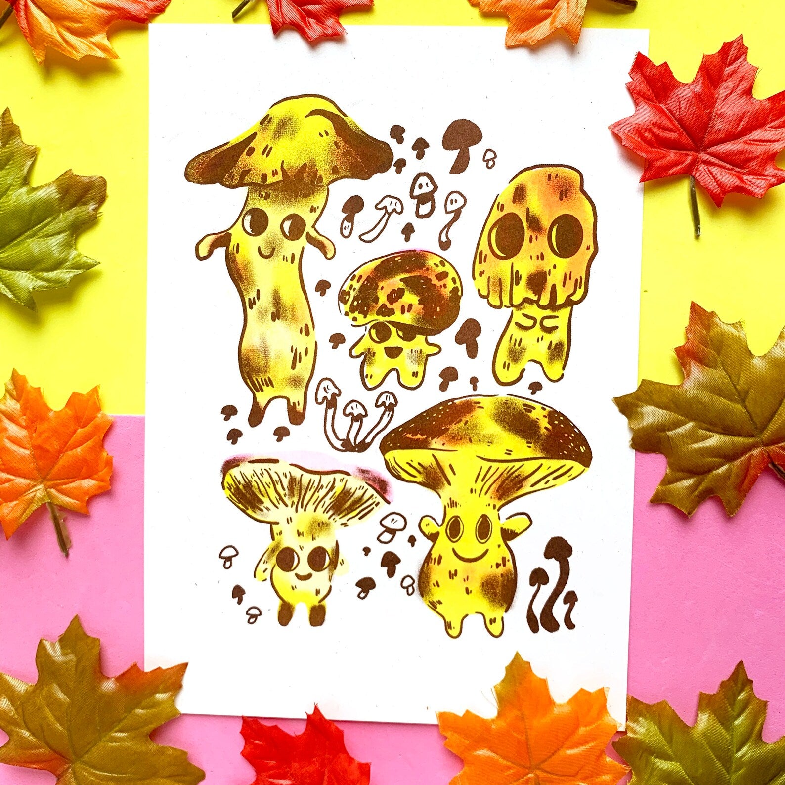 Mushroom Friends A4 Risograph Print – Handmade Nottingham