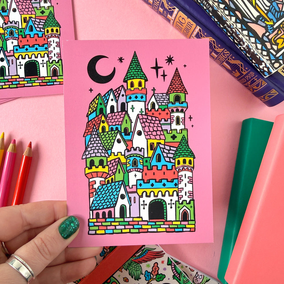 Medieval Castle Pink Postcard – Handmade Nottingham
