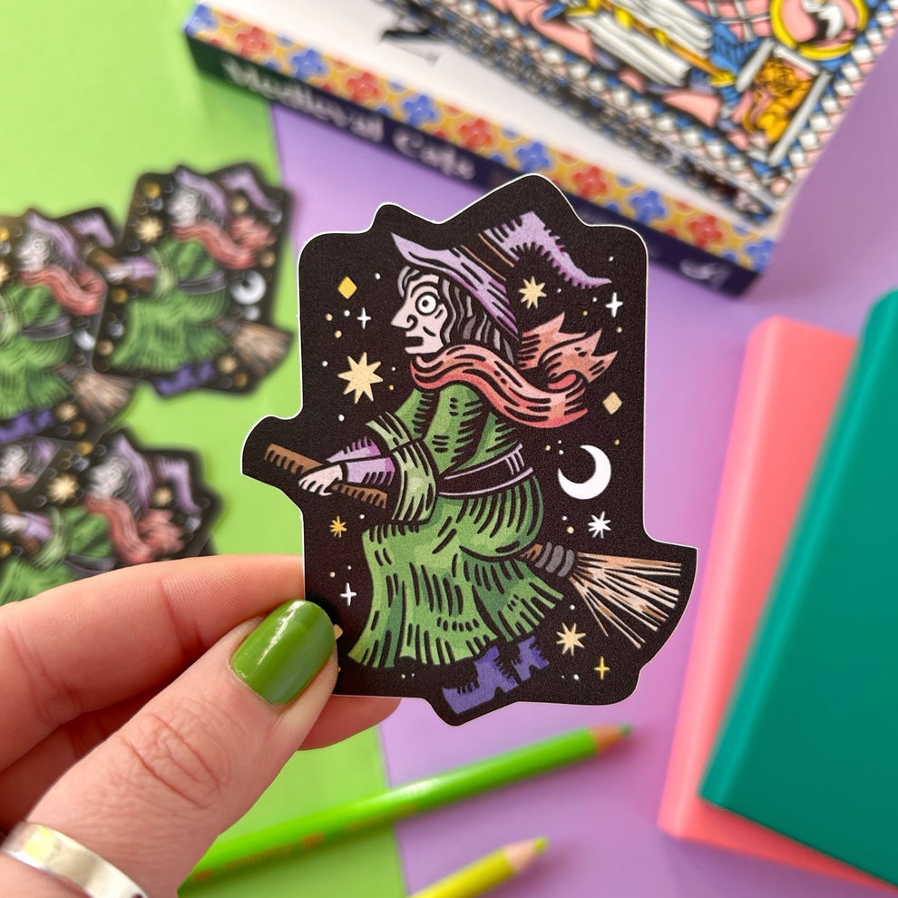 Witch on a Broom Sticker – Handmade Nottingham