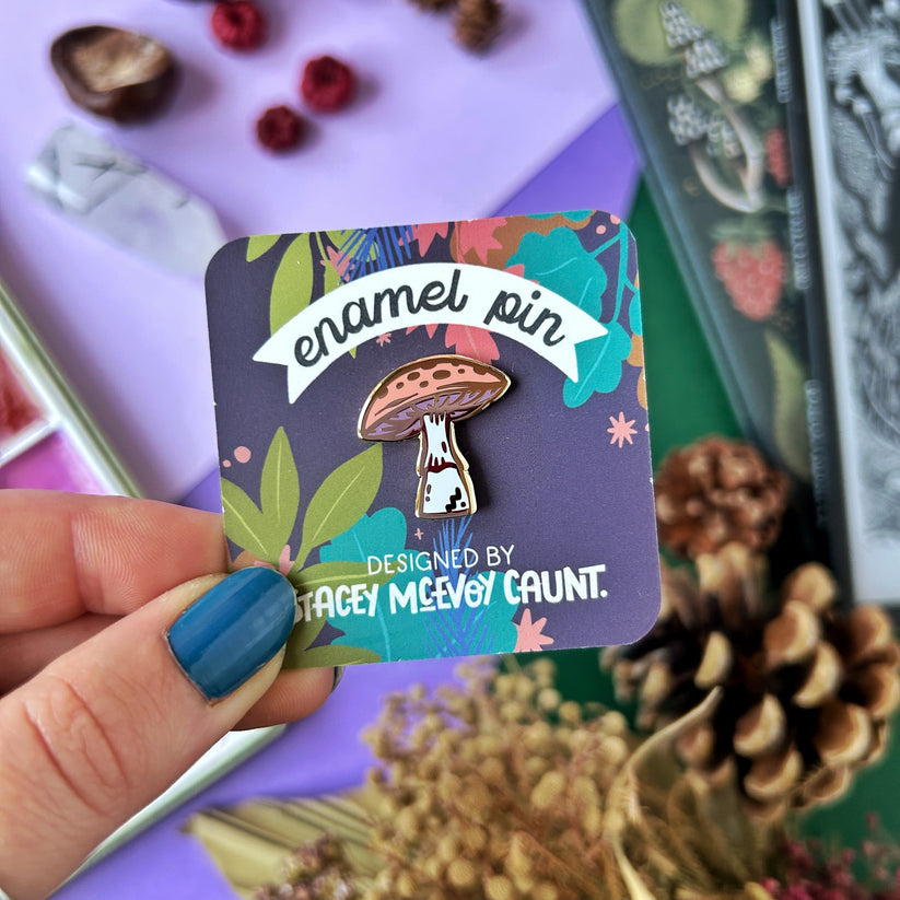 Pink Mushroom Enamel Pin – Handmade Nottingham